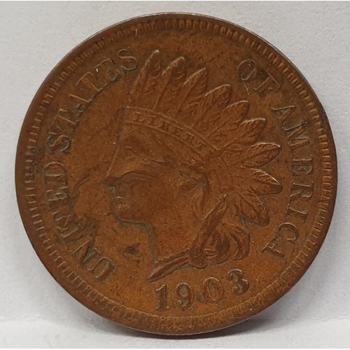 UNITED STATES OF AMERICA 1903 . ONE CENT COIN . INDIAN . SCARCE DATE