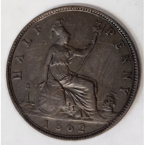 GREAT BRITAIN UK 1862 . HALF 1/2 PENNY . VARIETY . No 8 RIGHT TO LIGHTHOUSE