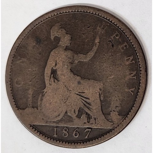 Great Britain UK 1867 One 1 Penny. Scarce. Low Mintage. High Book Value
