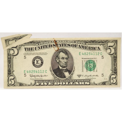 UNITED STATES 1950 . FIVE 5 DOLLARS BANKNOTE . ERROR . FLAP FOLD BOTH SIDES