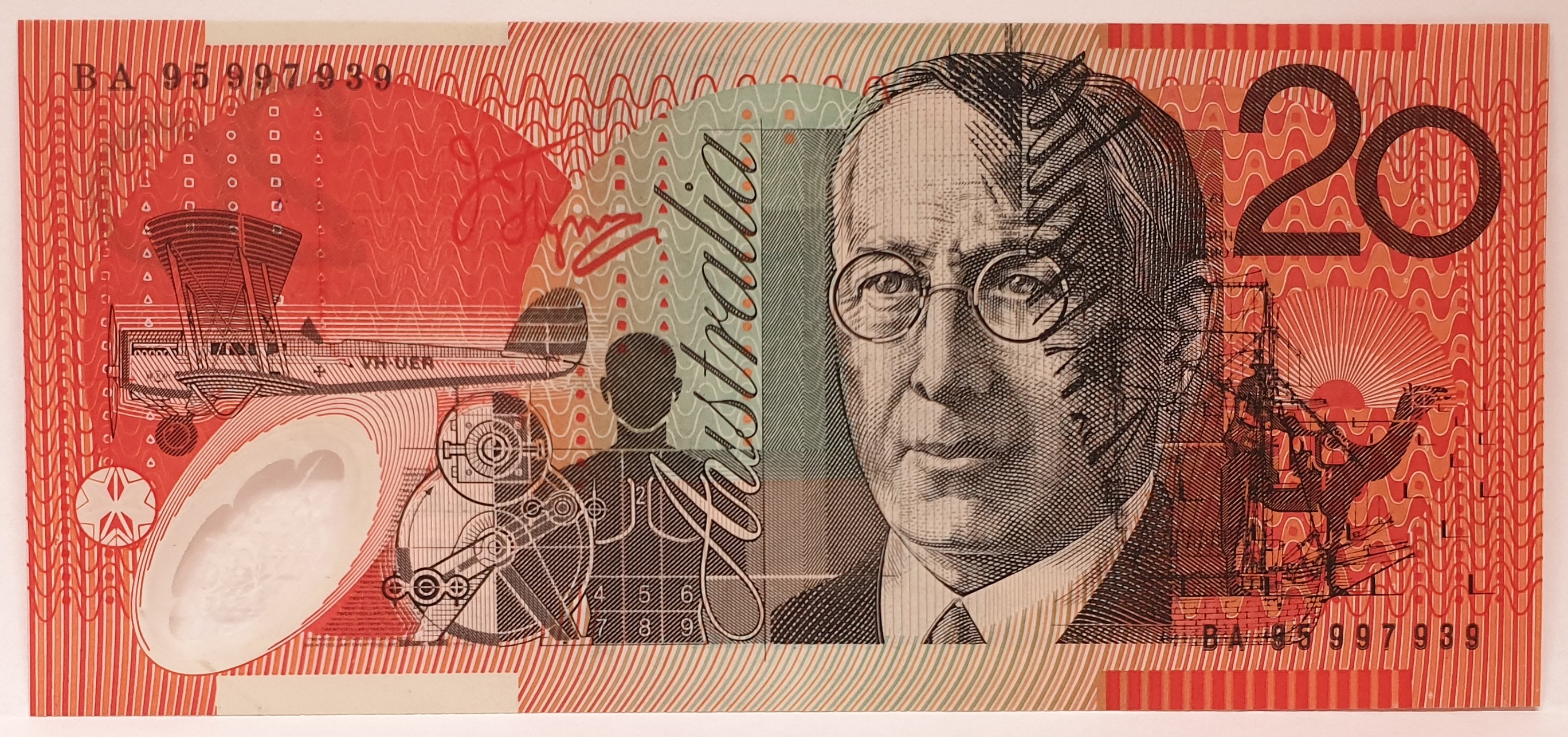 AUSTRALIA 1995 . TWENTY DOLLAR BANKNOTE . ERROR . WET INK TRANSFER