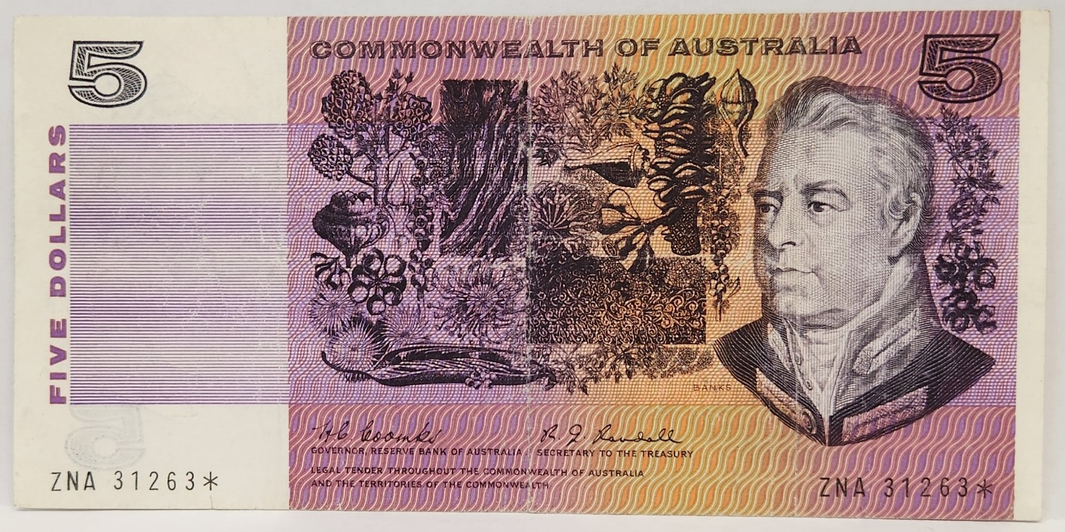 AUSTRALIA 1967 . FIVE 5 DOLLARS BANKNOTE . COOMBS/RANDALL . STAR NOTE ...