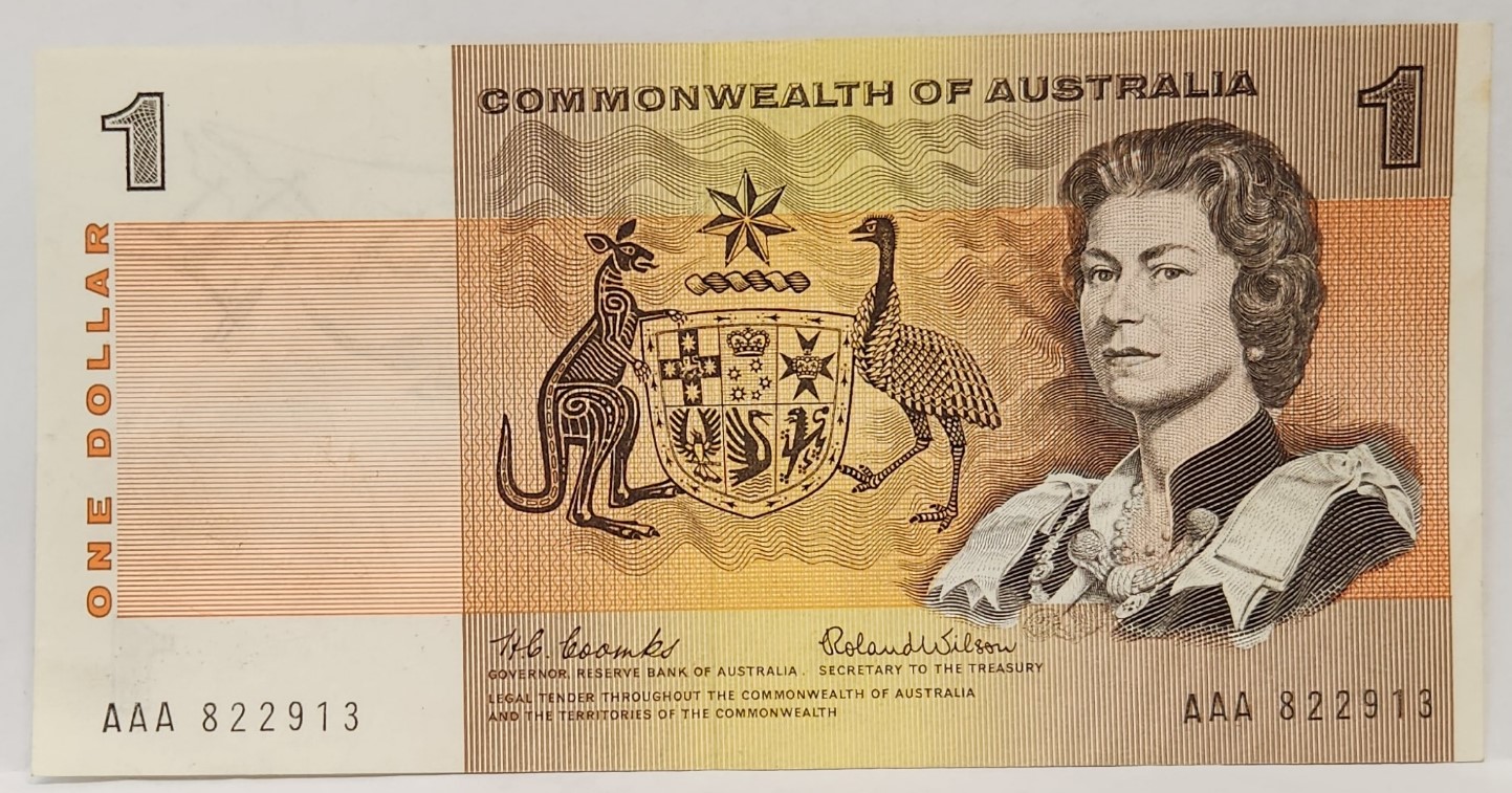AUSTRALIA 1966 . ONE 1 DOLLAR BANKNOTE . COOMBS/WILSON . FIRST PREFIX AAA