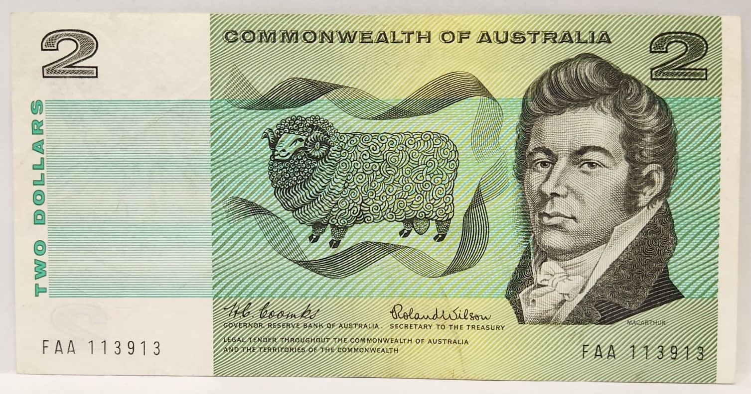 AUSTRALIA 1966 . TWO 2 DOLLARS BANKNOTE . COOMBS/WILSON . FIRST PREFIX FAA