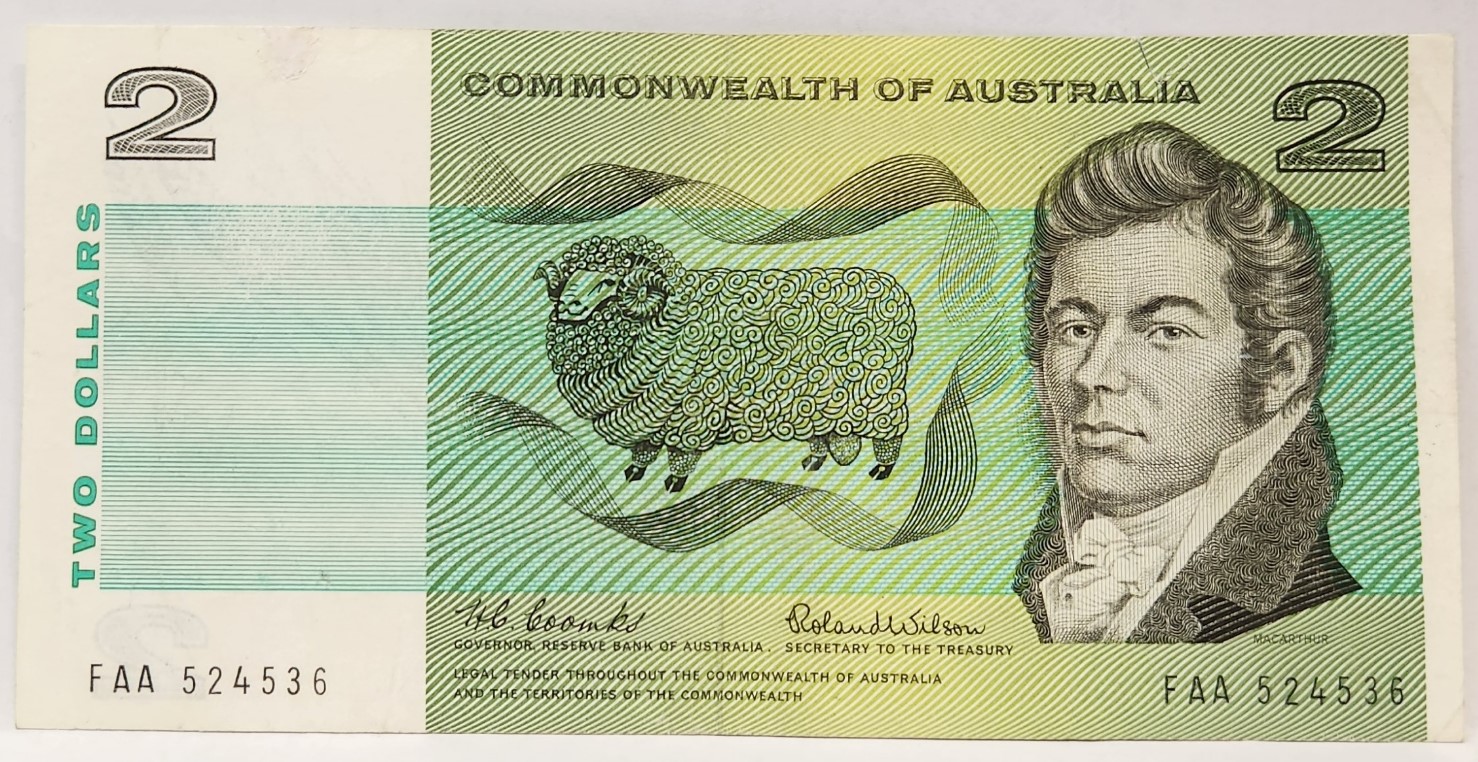 AUSTRALIA 1966 . TWO 2 DOLLARS BANKNOTE . COOMBS/WILSON . FIRST PREFIX FAA