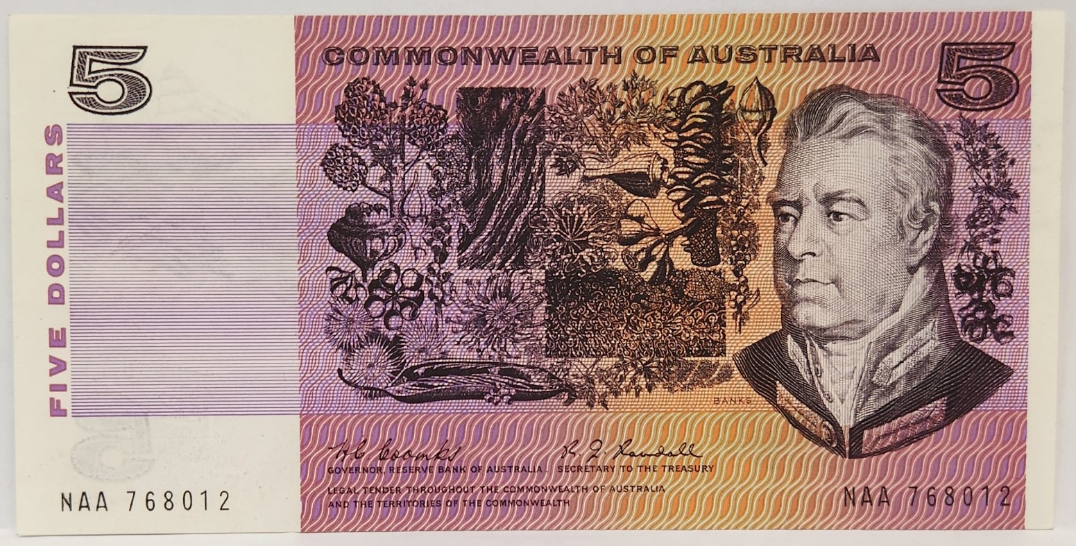 AUSTRALIA 1966 . FIVE 5 DOLLAR BANKNOTE . COOMBS/RANDALL . FIRST PREFIX NAA