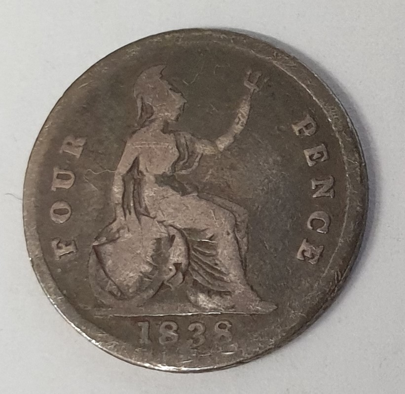 GREAT BRITIAN 1838/8 . FOUR PENCE COIN . SIDEWAYS OVERDATE . RARE