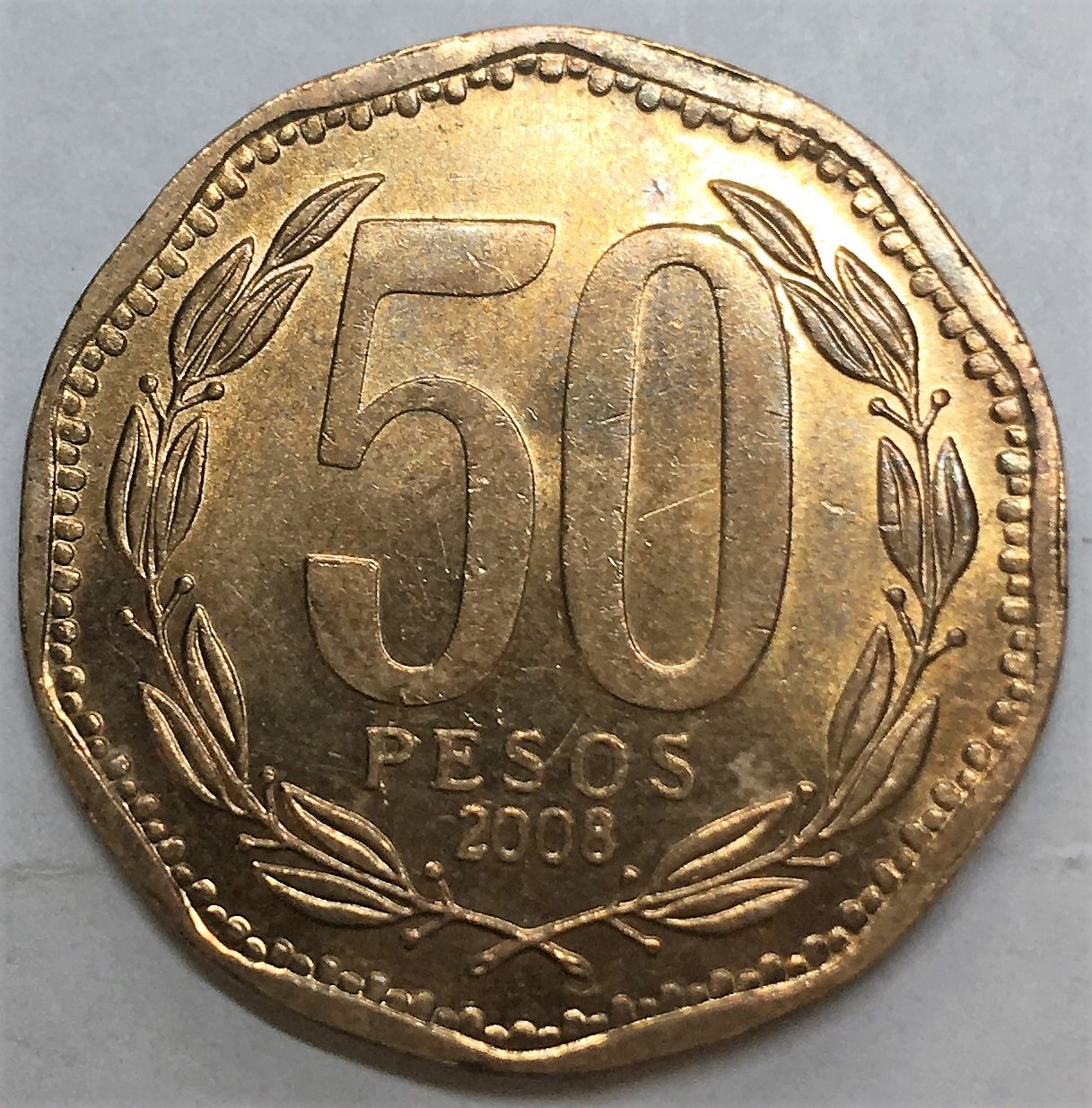 Chile 2008...50 Pesos Coin...Error