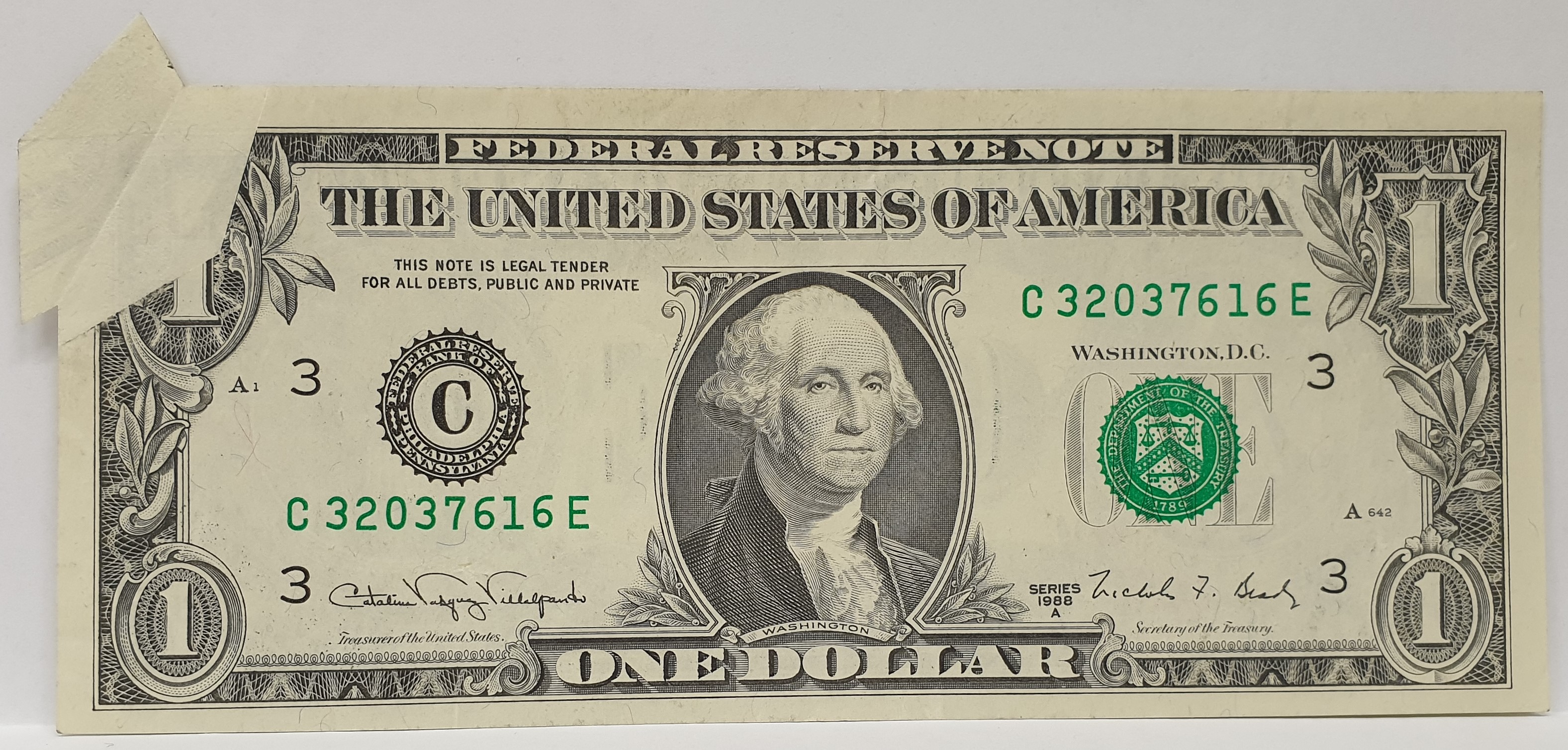 UNITED STATES OF AMERICA 1988 . ONE DOLLAR BANKNOTE . ERROR . BUTTERFLY ...