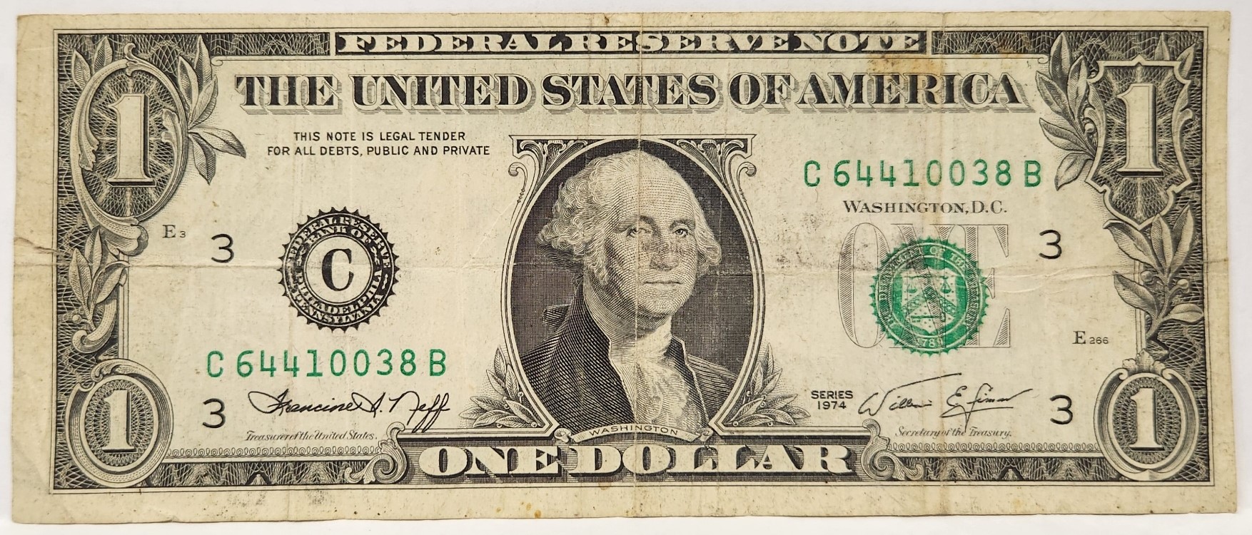 UNITED STATES 1974 . ONE 1 DOLLAR BANKNOTE . ERROR . WET INK TRANSFER