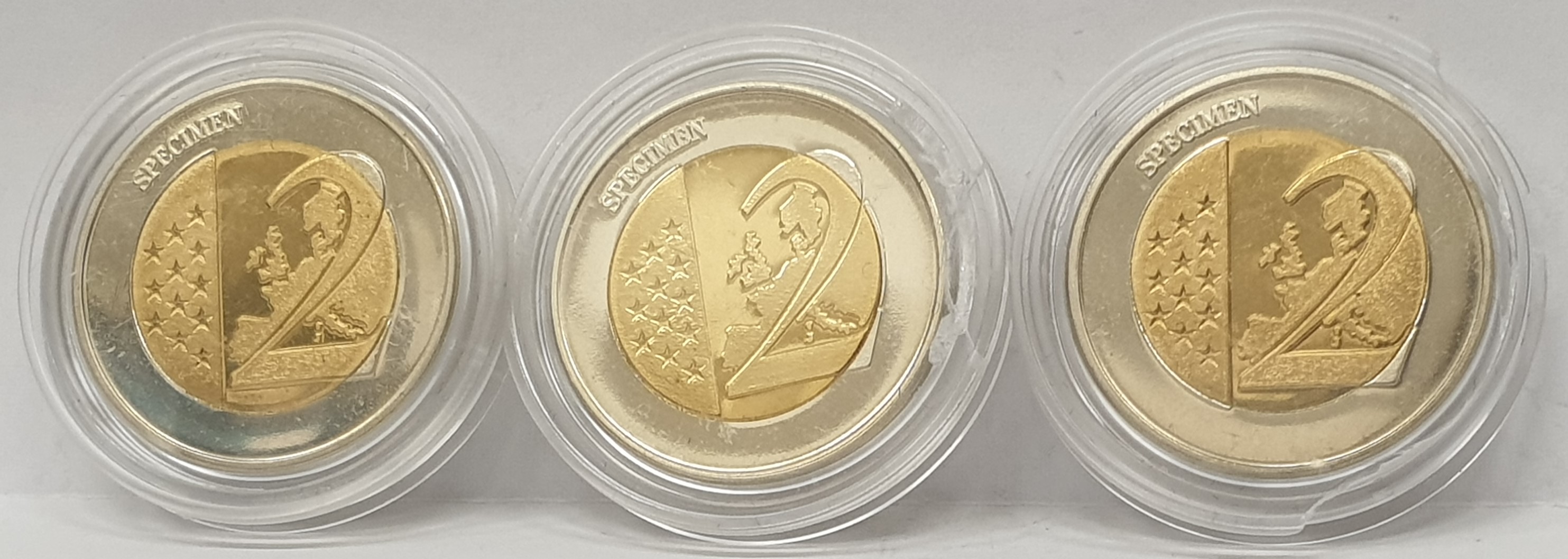 VATICAN 2007 . TWO EURO . 3x SPECIMEN PATTERN COINS . 2 DIFFERENT DESIGNS