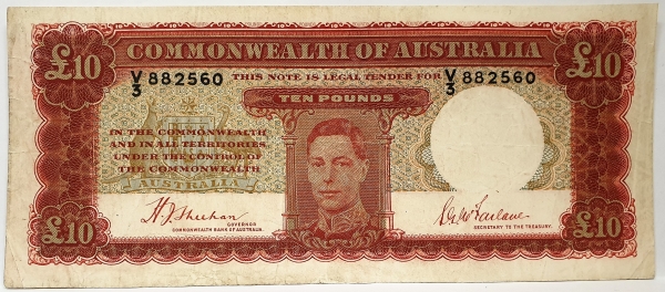 Australia 1940...Ten Pounds Banknote...First Prefix