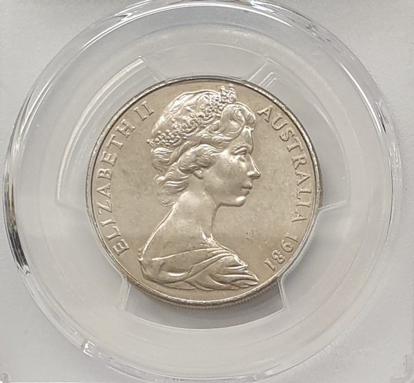 AUSTRALIA 1981 . TWENTY CENTS COIN . VARIETY . 3 1/2 CLAW . PCGS MS63