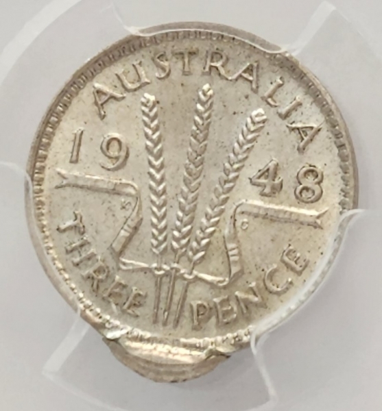 AUSTRALIA 1948 . THREEPENCE . ERROR . DOUBLE STRIKE