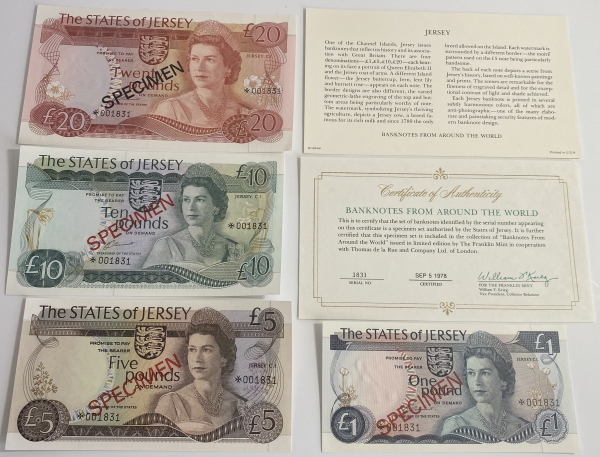 JERSEY 1978 . ONE - TWENTYPOUNDS BANKNOTES . SPECIMEN SET