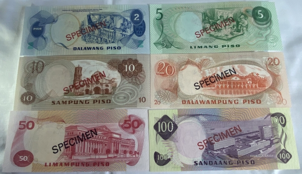 PHILIPPINES 1978 . TWO 2 - ONE HUNDRED 100 PISO BANKNOTES . SPECIMEN