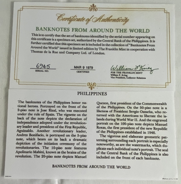 PHILIPPINES 1978 . TWO 2 - ONE HUNDRED 100 PISO BANKNOTES . SPECIMEN