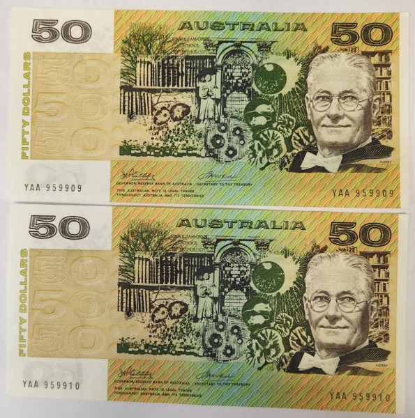 AUSTRALIA 1973 . FIFTY 50 DOLLARS BANKNOTES . PHILLIPS/WHEELER . CONSEC ...